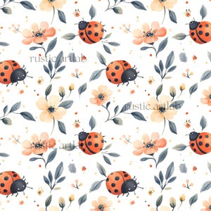 Ladybug and Florals Seamless Pattern - Cute Kids Fabric Design - Watercolour Ladybird Digital ...