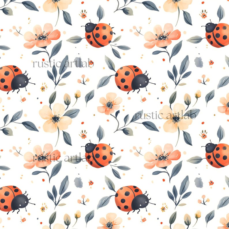 Ladybug and Florals Seamless Pattern - Cute Kids Fabric Design ...