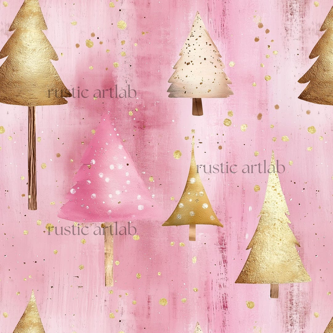 Pink and Gold Christmas Tree Pattern Digital Paper – Festive Watercolor ...