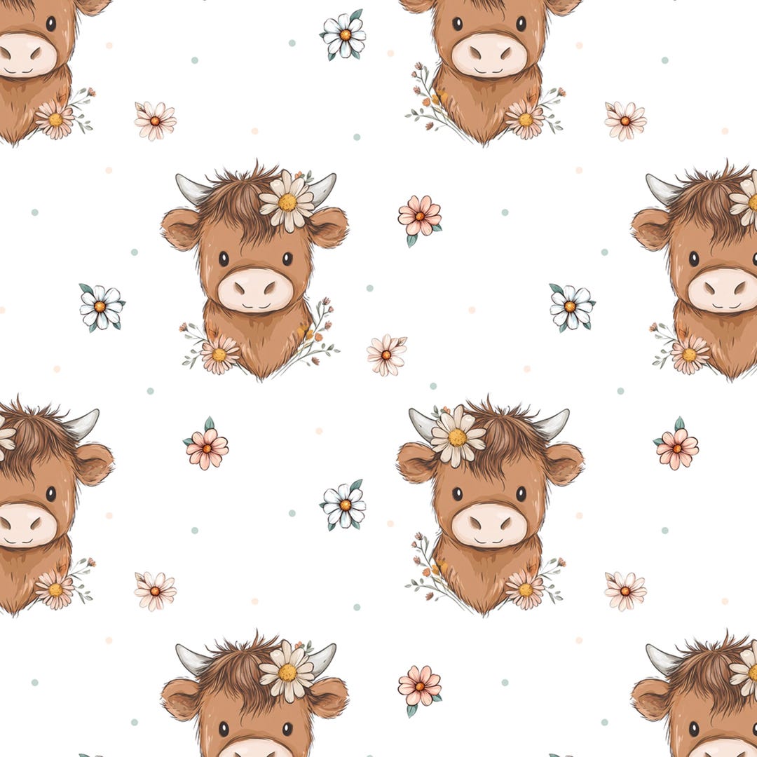 Cute Highland Cow Seamless Pattern, Farm Nursery Fabric Design, Floral ...