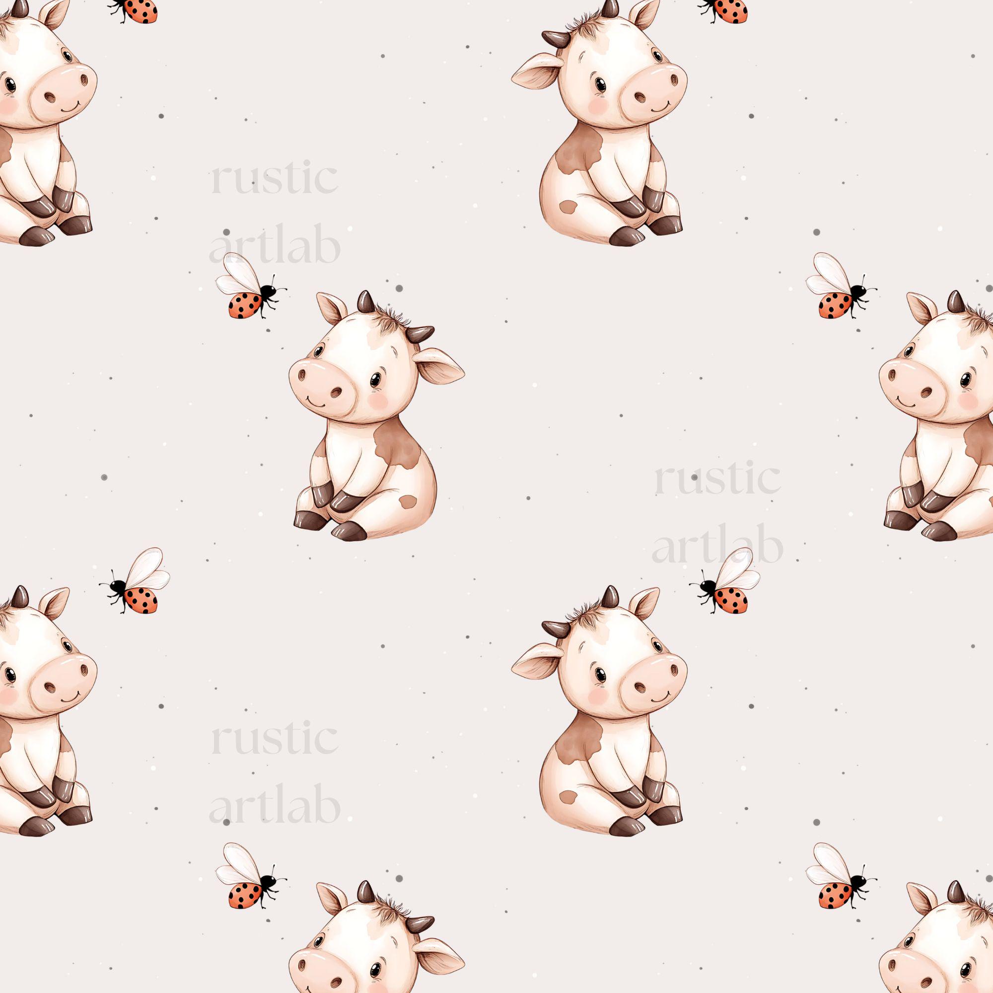 Cute Cow Seamless Pattern, Farm Nursery Fabric Design, Cow and Ladybug ...