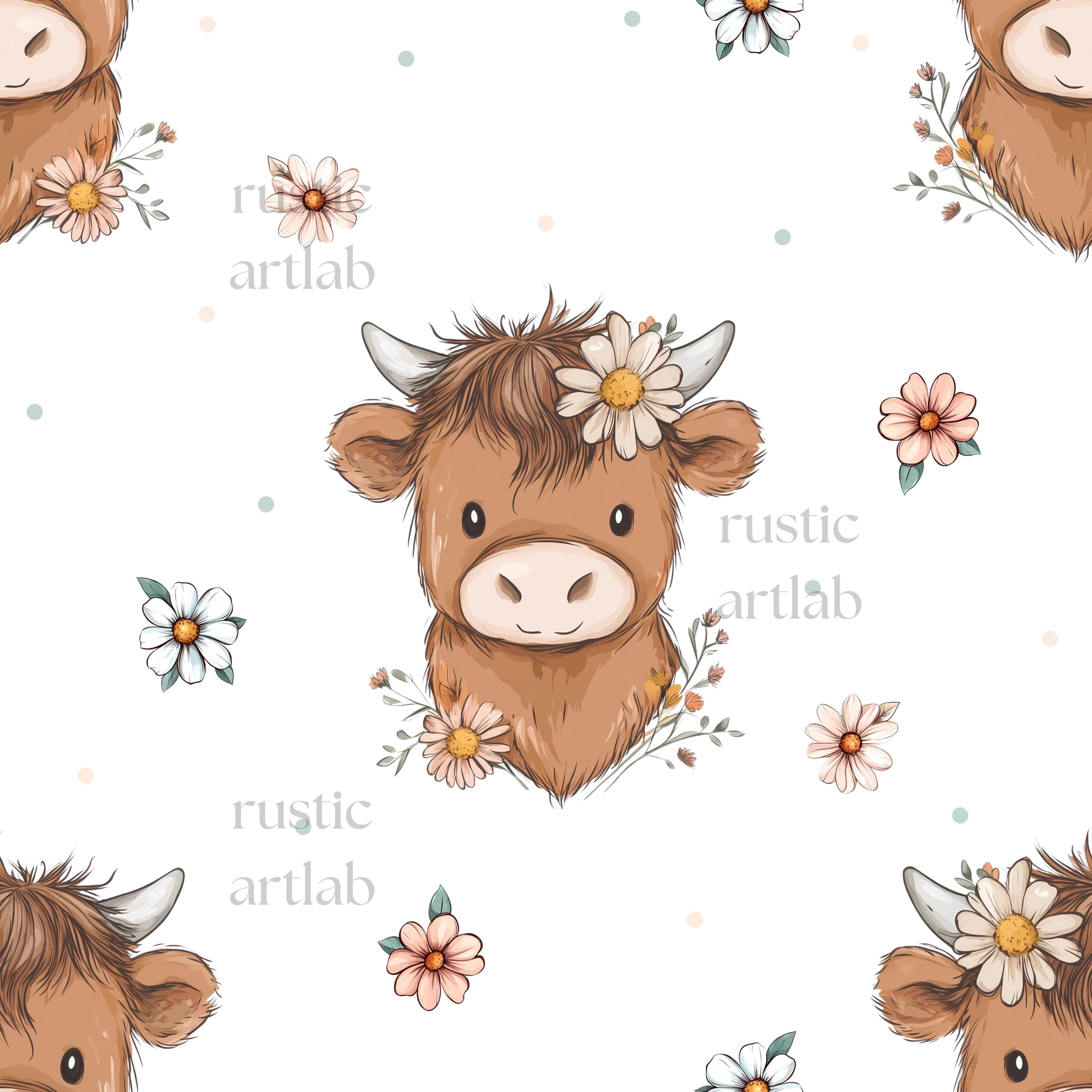 Cute Highland Cow Seamless Pattern, Farm Nursery Fabric Design, Floral ...