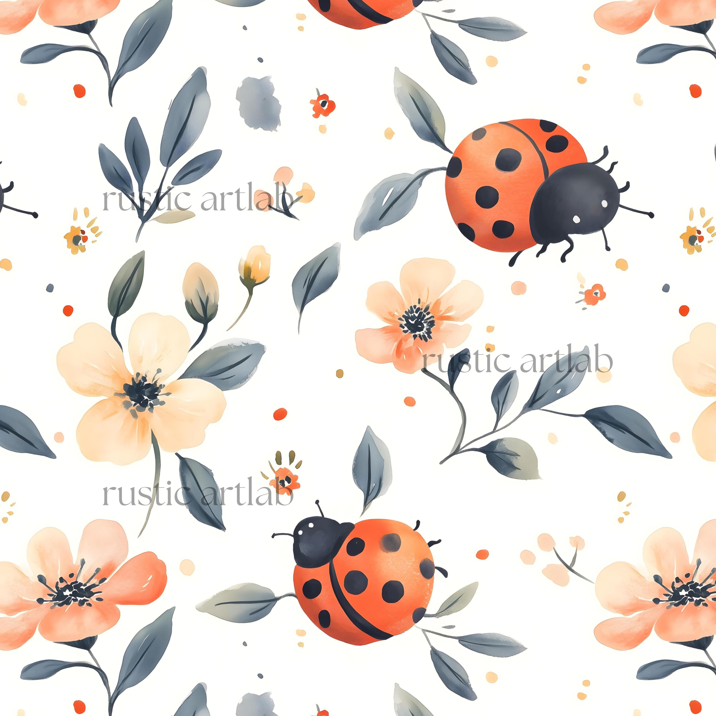 Ladybug and Florals Seamless Pattern - Cute Kids Fabric Design ...