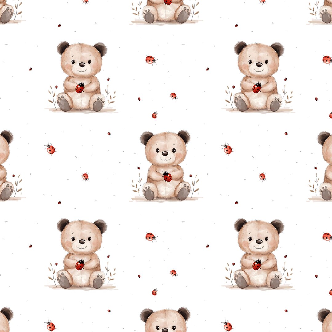 Watercolor Bear and Ladybugs Seamless Pattern, Cute Baby Fabric Design ...