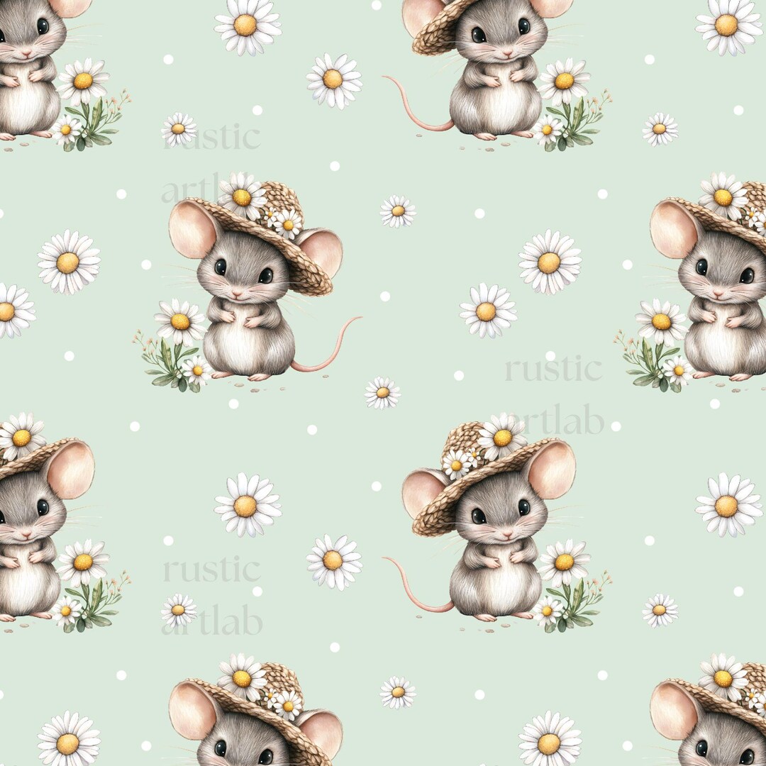 Mouse Seamless Pattern, Cute Mouse and Daisies Fabric Print (digital ...