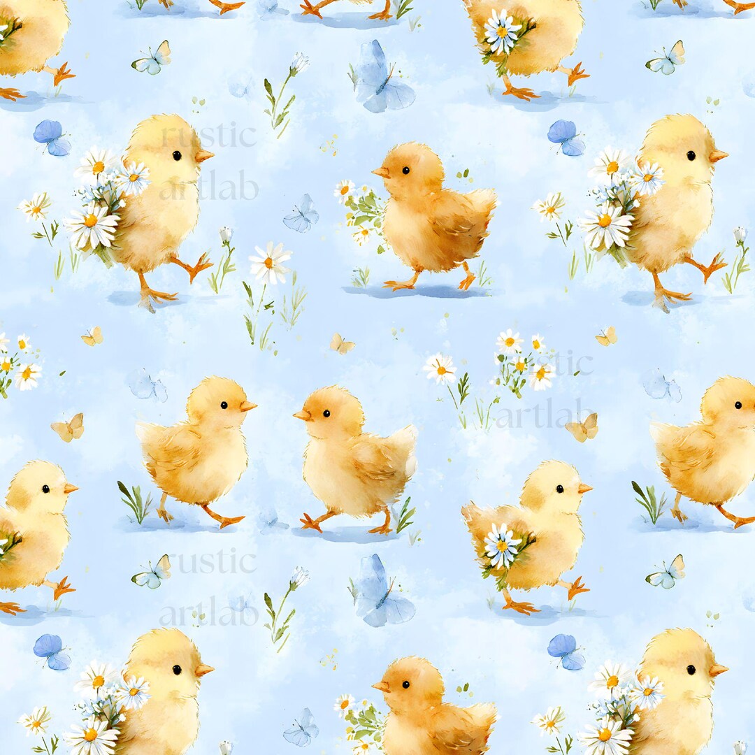 Spring Chicks Seamless Pattern - Watercolour Chicks With Flowers Fabric ...