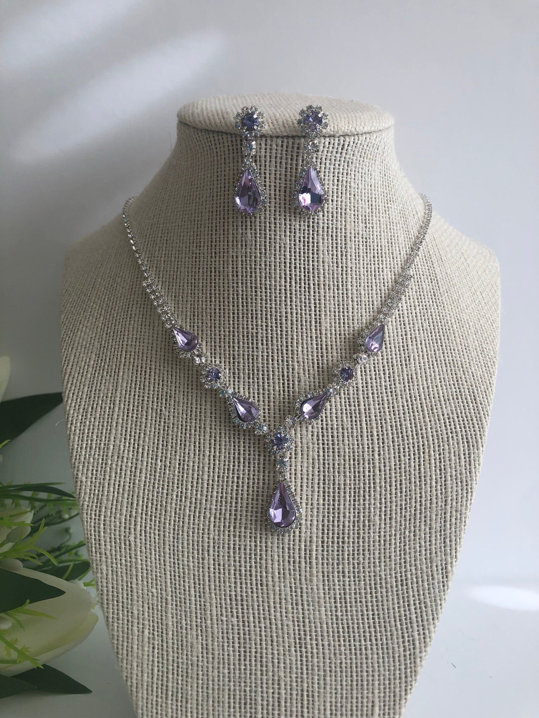 Lavender Lilac Crystal Rhinestones Necklace and Earrings Set Lavender ...