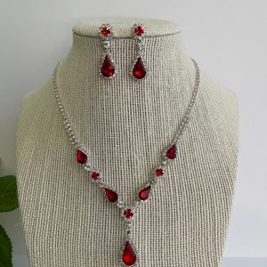 Red Crystal Rhinestone Necklace and Earrings Set for Womens Jewelry Accessories Prom Jewelry Red ...