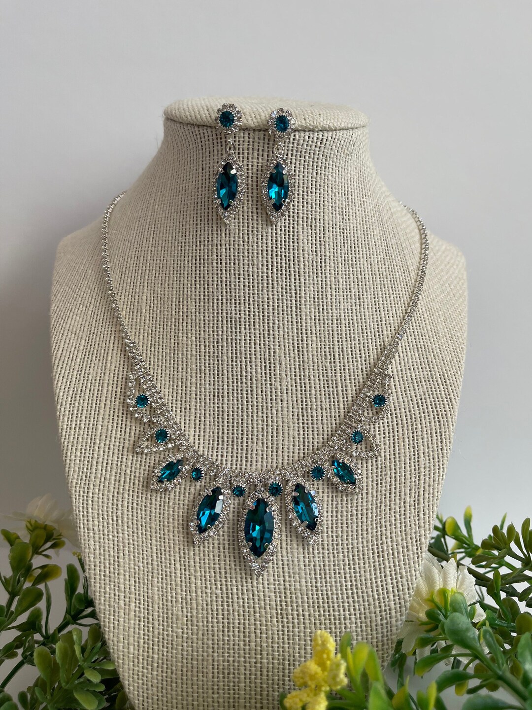 Blue Crystal Bridal Jewelry Set: Rhinestone Necklace and Earrings - Etsy