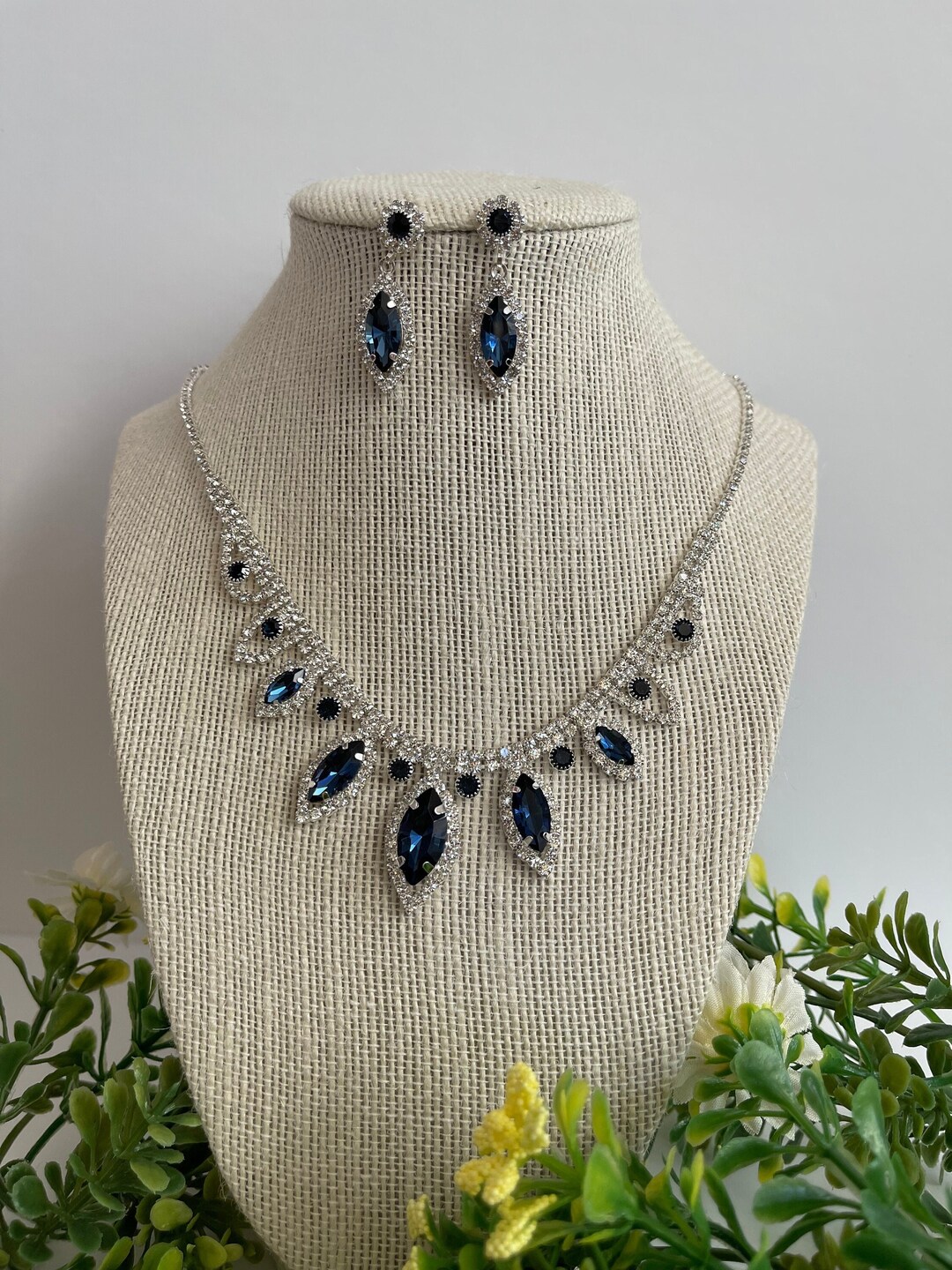 Royal Blue Necklace and Earrings Set Blue Crystal Rhinestones Necklace ...