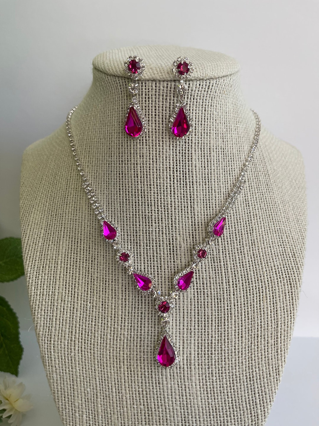 Pink Teardrop Necklace and Earrings Set Hot Pink Bridal Jewelry Wedding ...