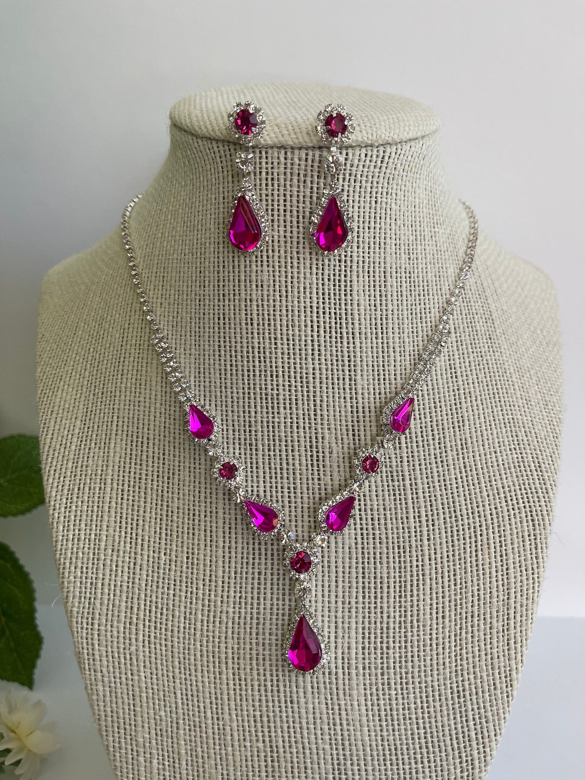 Pink Teardrop Necklace and Earrings Set Hot Pink Bridal Jewelry Wedding ...