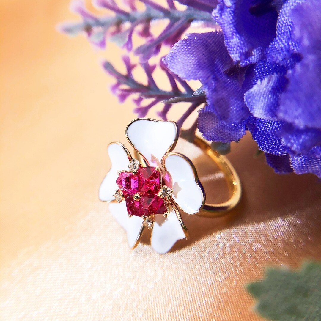 Burmese Hot Pink Spinel Flower Ring: 14K Gold Diamond Enamel - Etsy