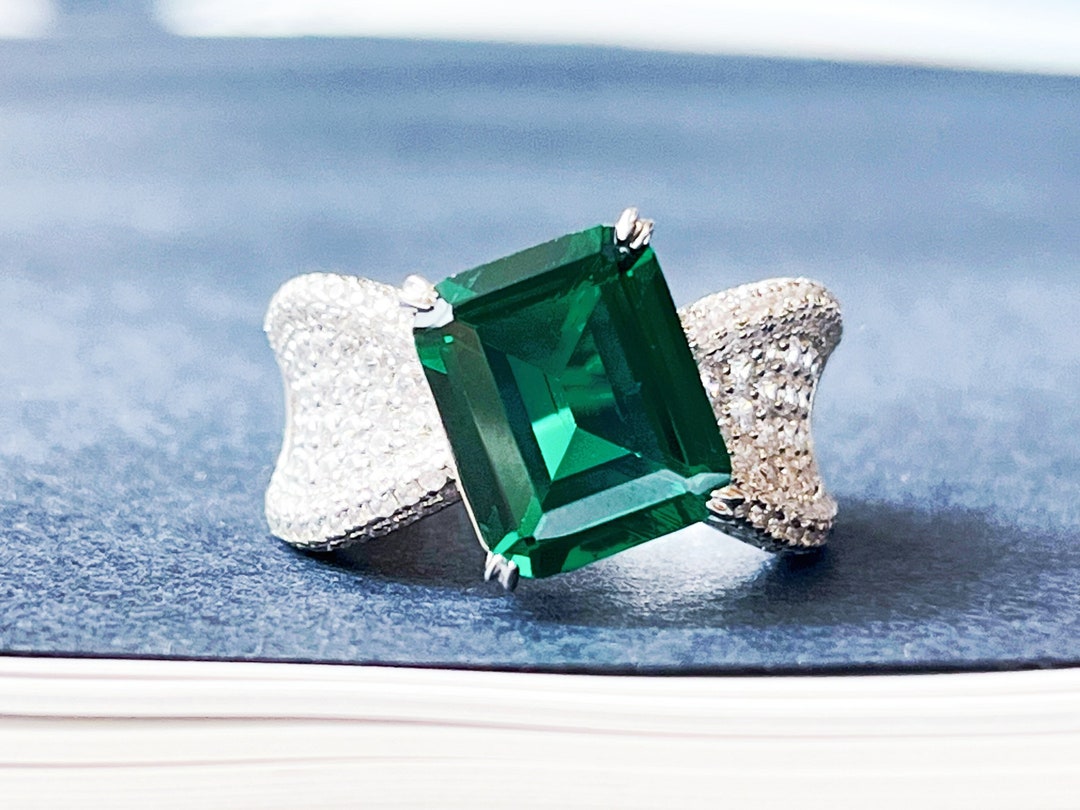 Giant Green Emerald Statement Ring in Silver and Zircon Accents - Lab Created - Etsy UK