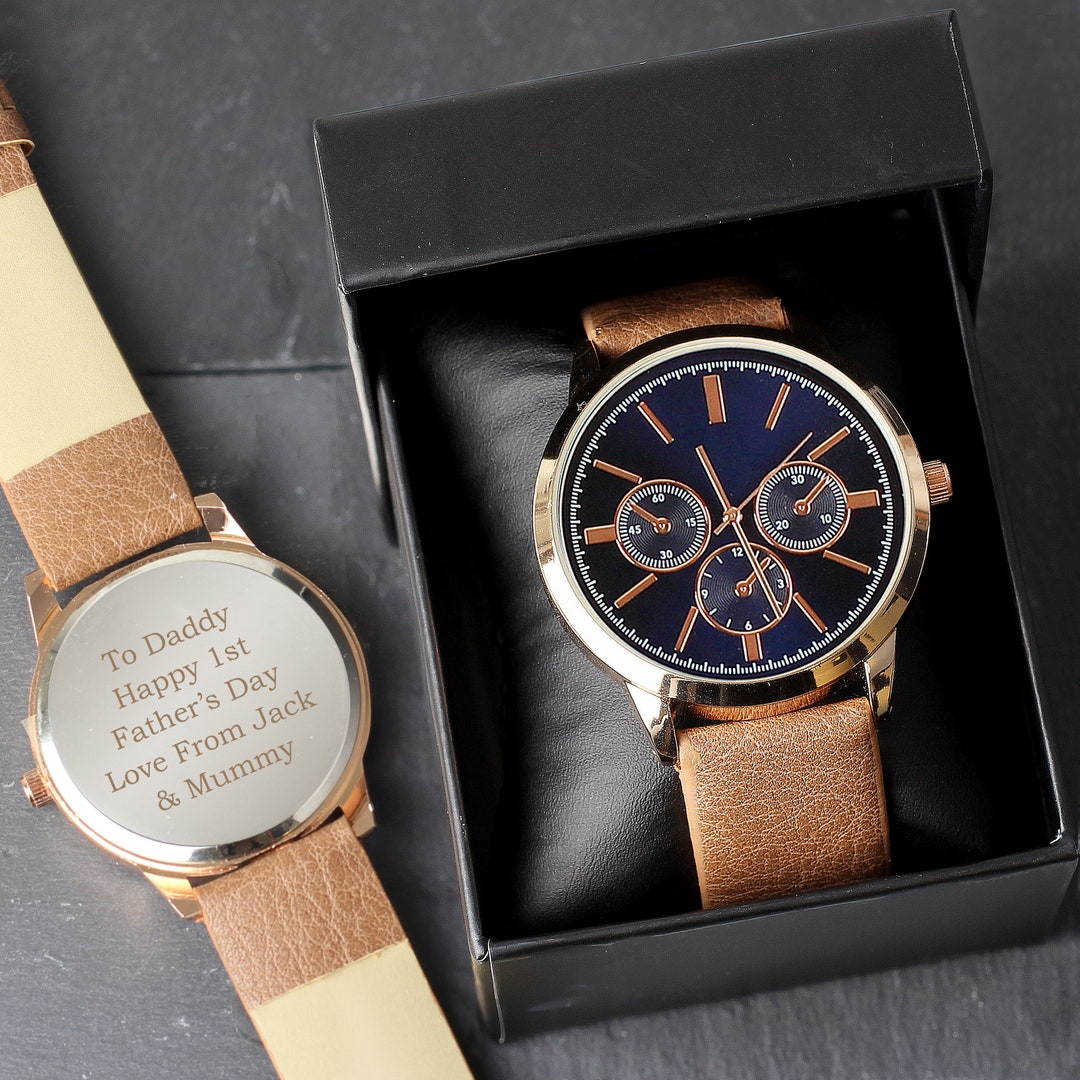 Personalised Mens Rose Gold Tone Watch With Brown Strap and ...