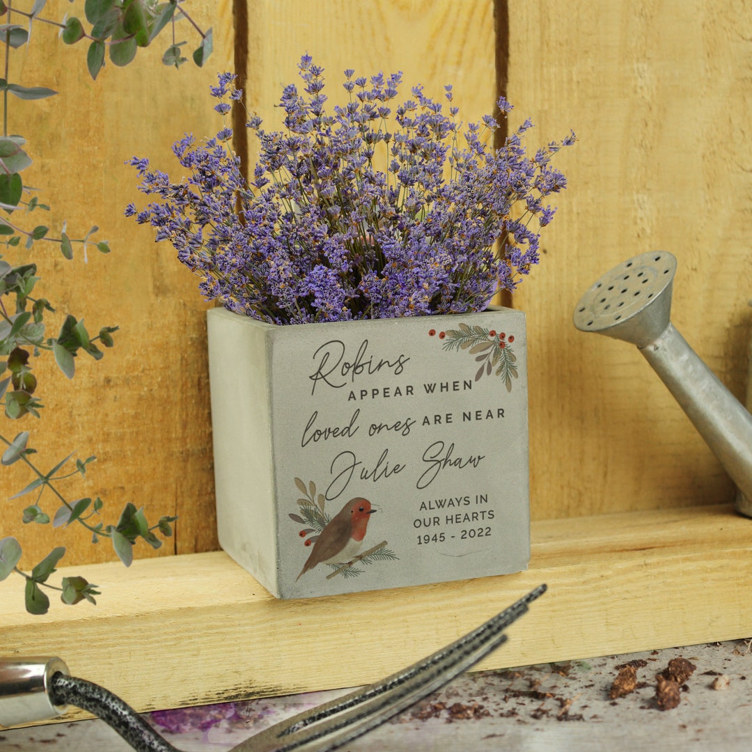 Personalised Robin Memorial Concrete Plant Pot Robins Appear When Loved ...