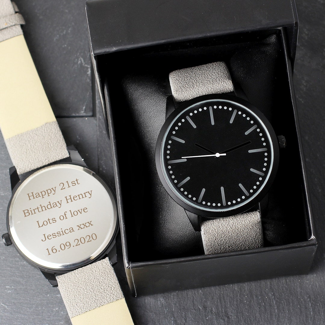Personalised Mens Matte Black Watch With Grey Strap and Presentation ...