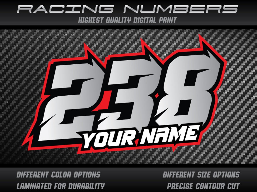 Custom Race Number Decals: UV Laminated, Personalized Name, 3x Stickers ...