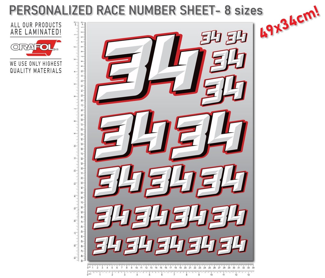 Custom Race Number Sheet: Laminated Stickers, Motorcycle, Kart, MX ...