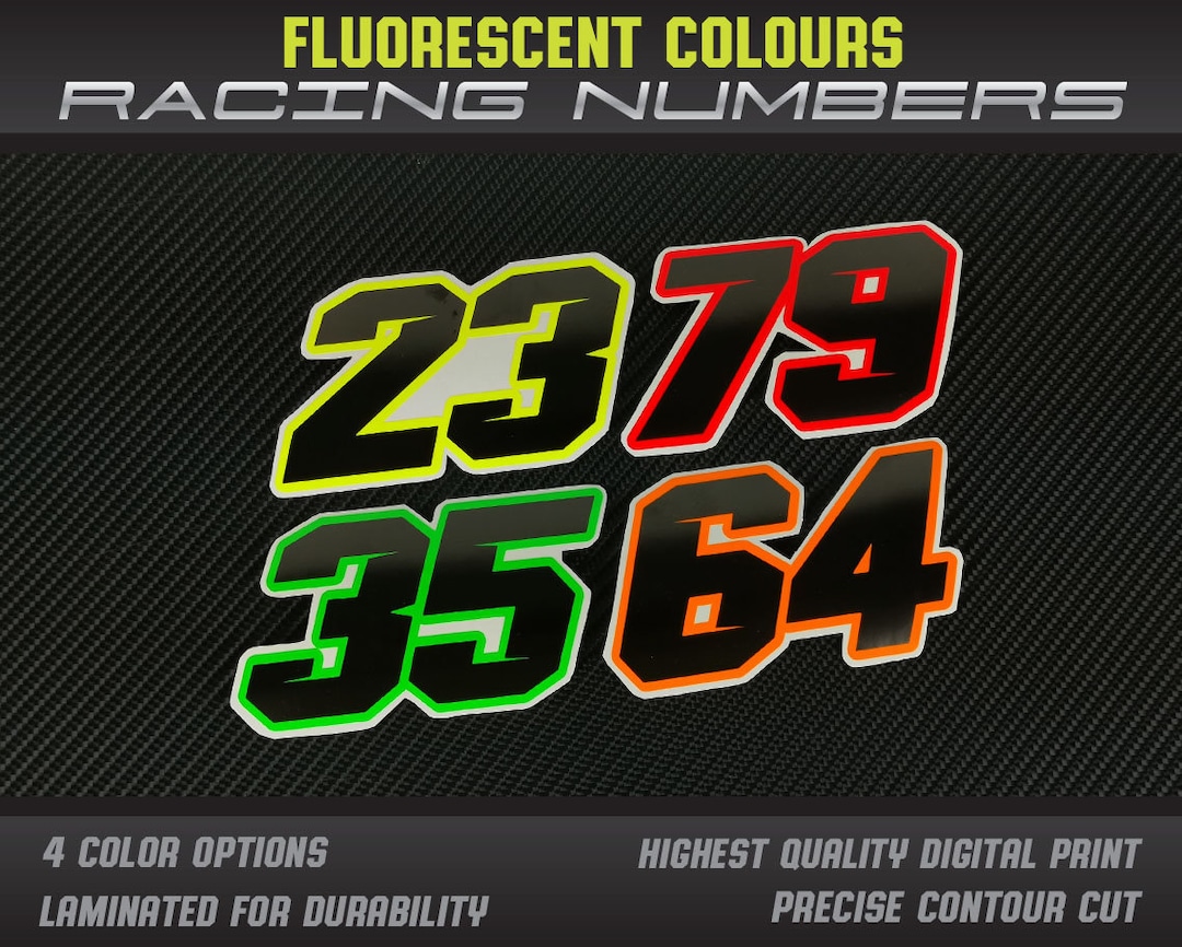 Fluorescent Racing Number Decals: Custom Vinyl Stickers, UV Laminated ...