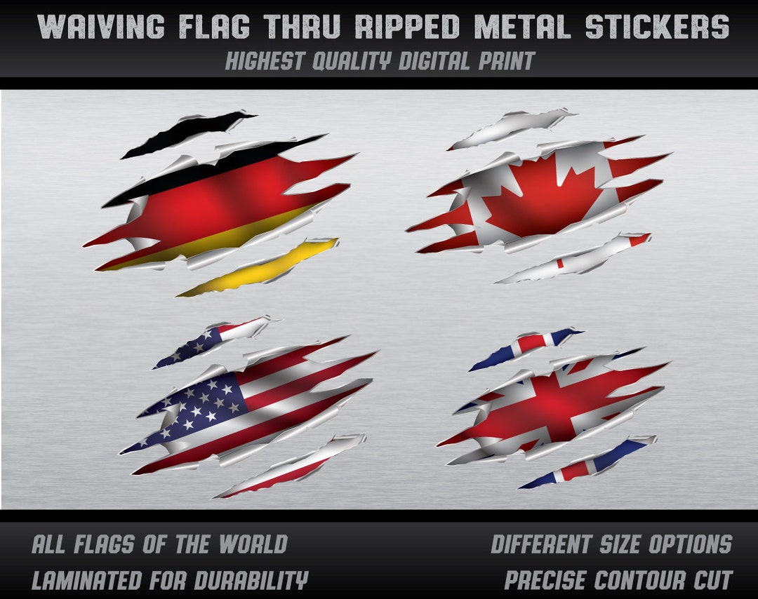 3x Waving Flag Through Ripped Metal Stickers Decals Graphics Helmet ...