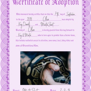 Reptile Family Adoption Certificate (purple) - Etsy