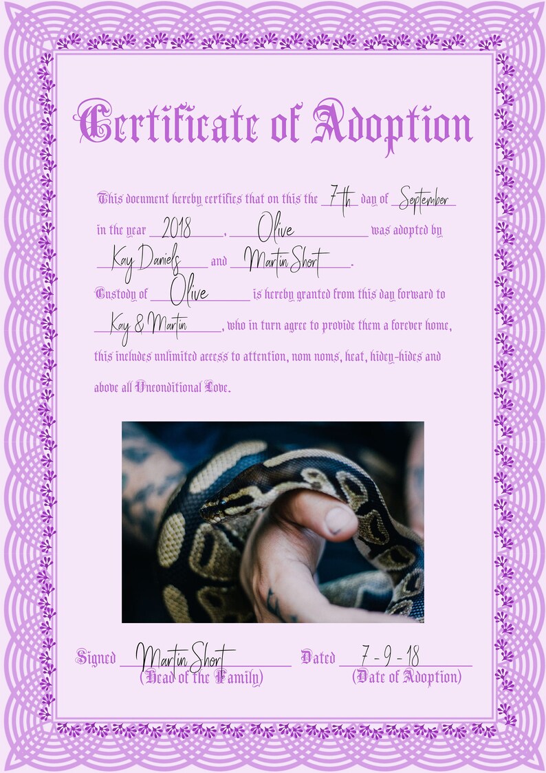 Reptile Family Adoption Certificate (purple) - Etsy