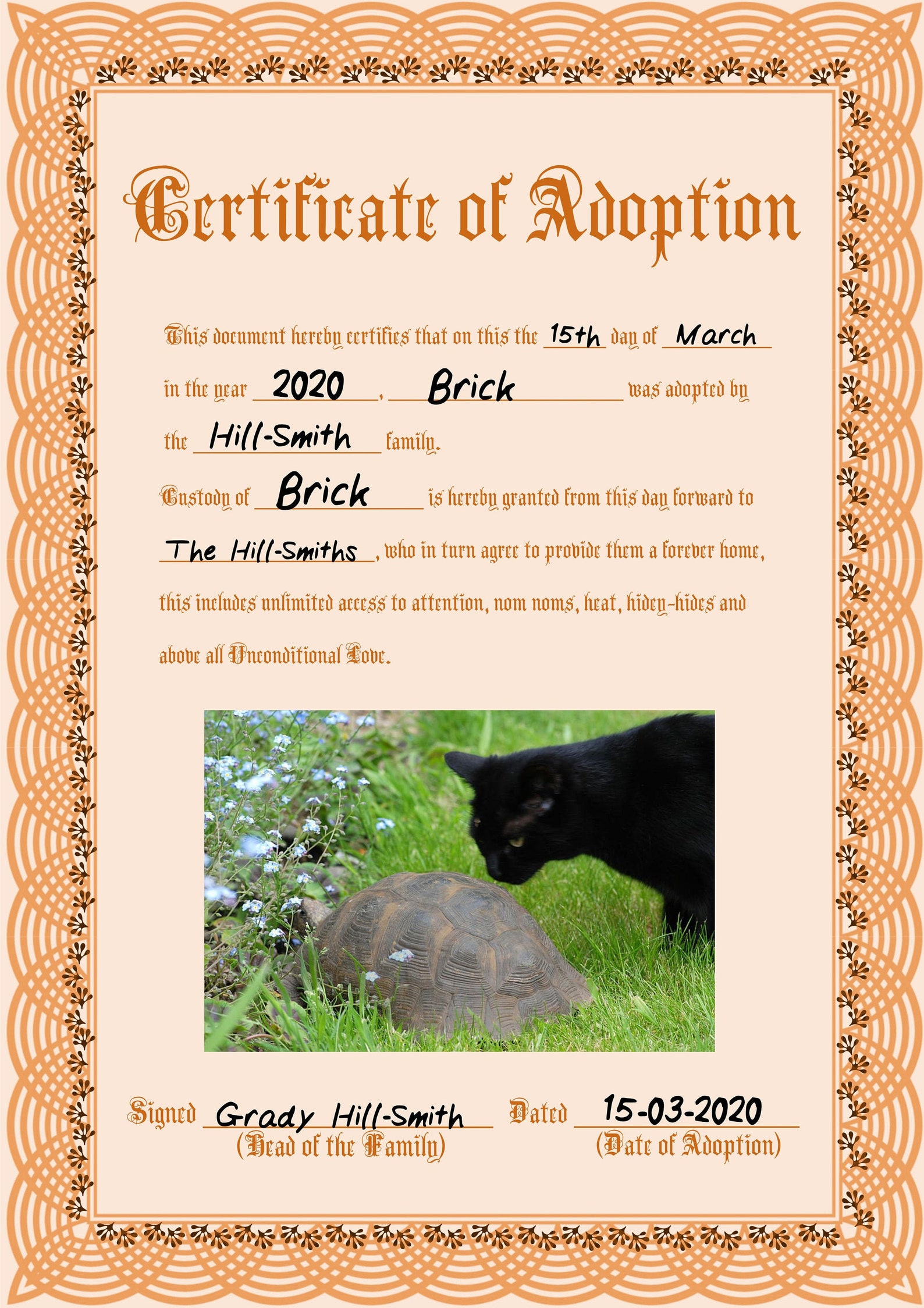 Reptile Family Adoption Certificate (orange) - Etsy