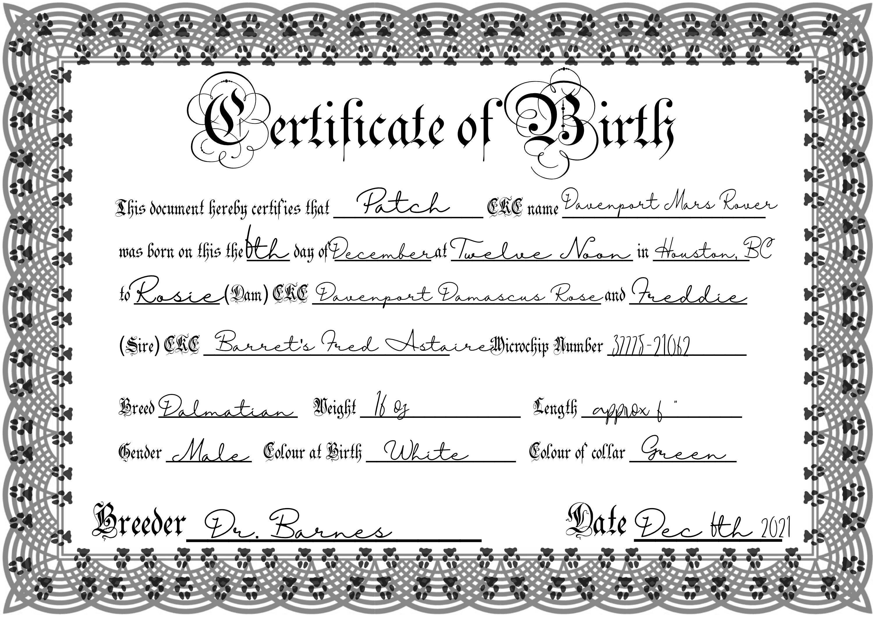 Canadian Breeder Birth Certificates - Black and White - Etsy