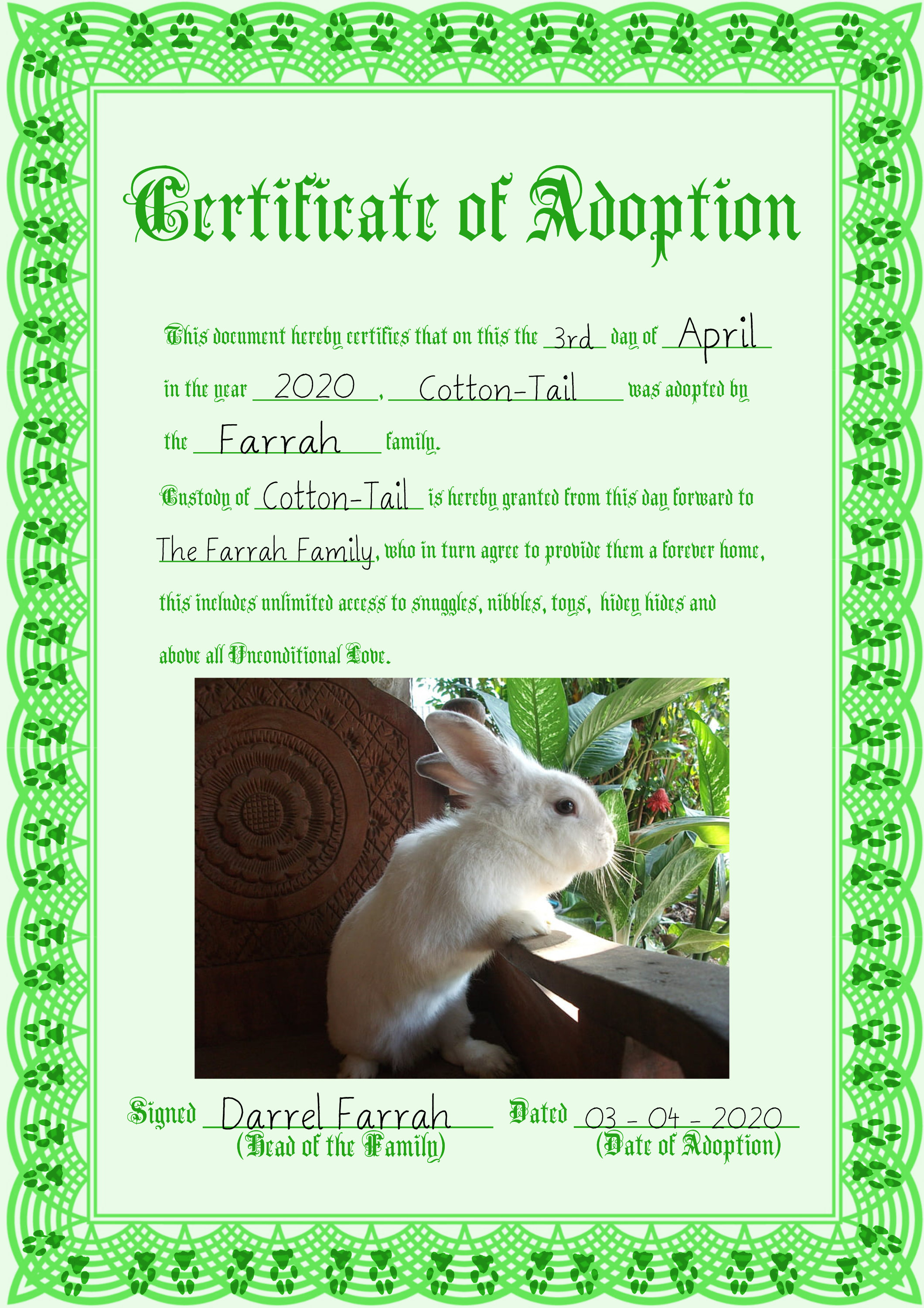 Small Animal Family Adoption Certificate - Green - Etsy