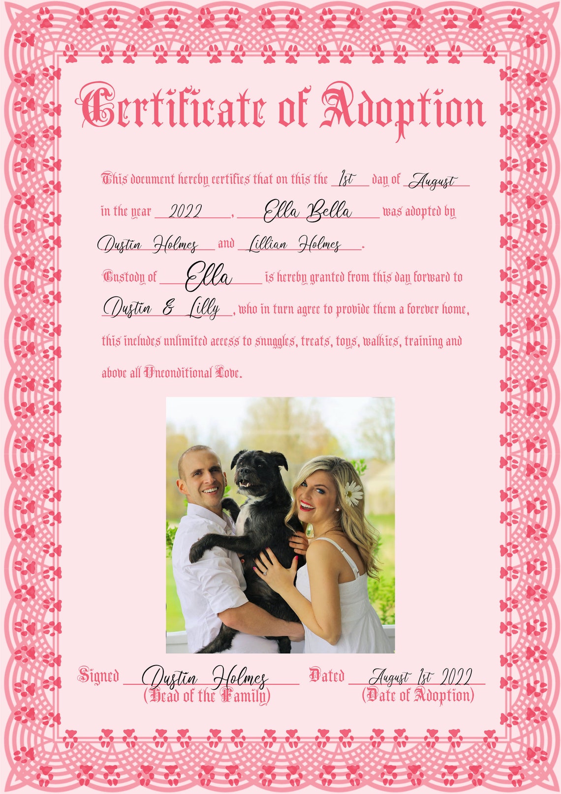 Puppy & Dog Couple's Adoption Certificate (pink) - Etsy