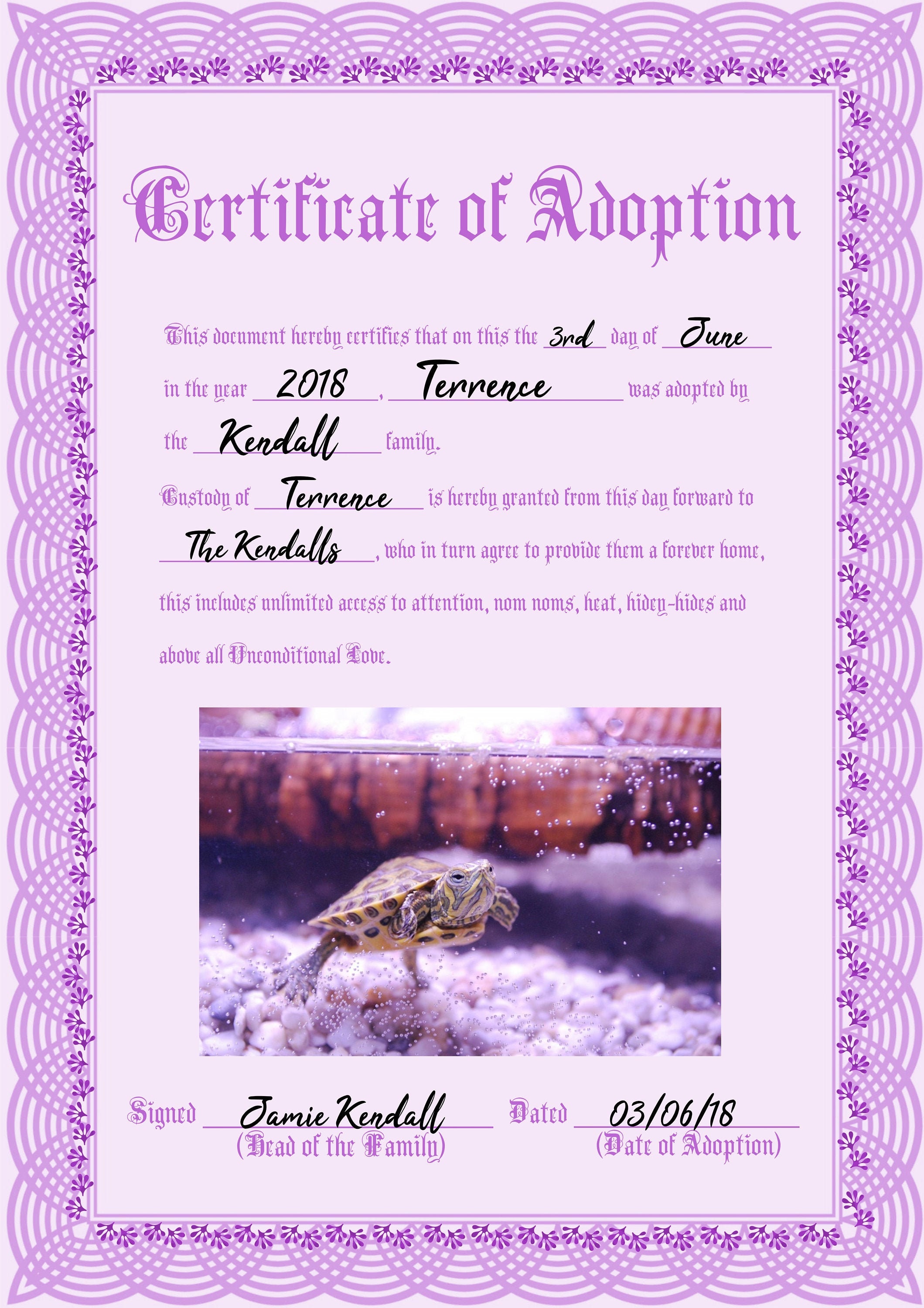 Reptile Family Adoption Certificate (purple) - Etsy