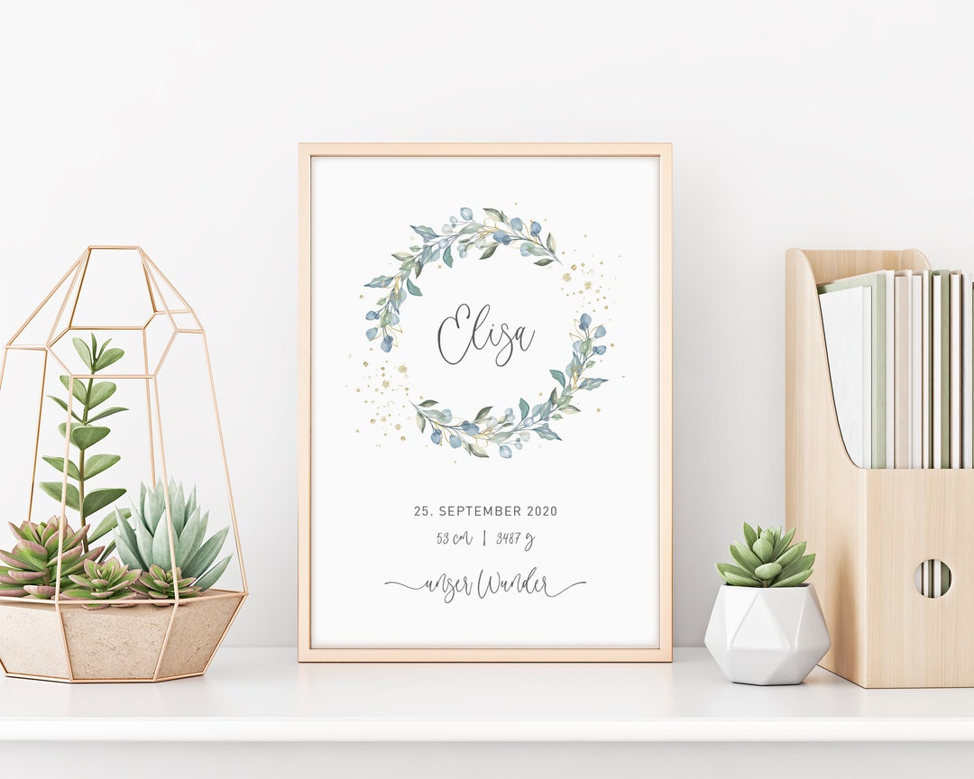 Geburtsposter | Geschenk Geburt | Poster | Eukalyptus | Gold | blau ...