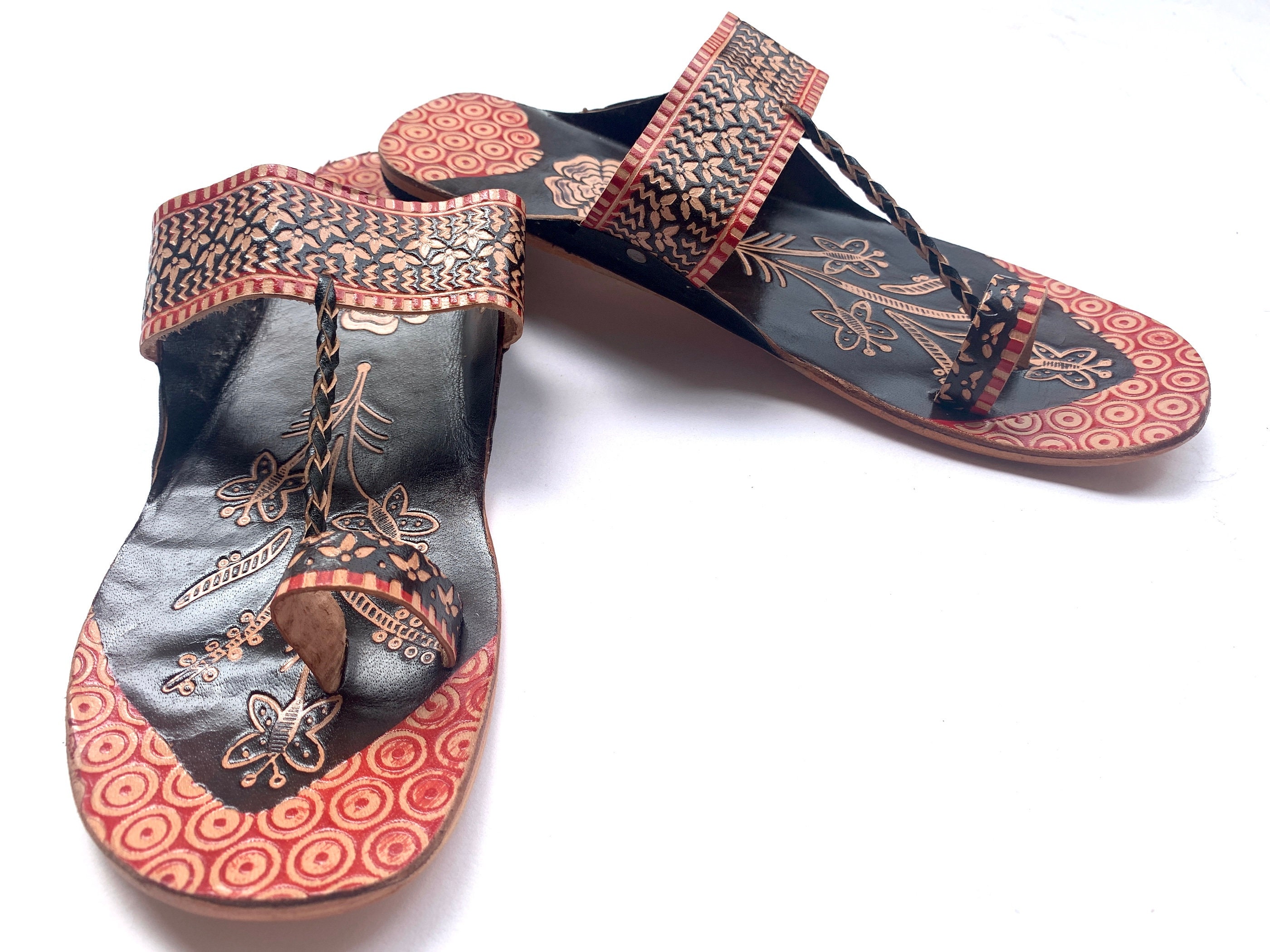 Women's Leather Sandals Black Red Flat Sandals Flip - Etsy