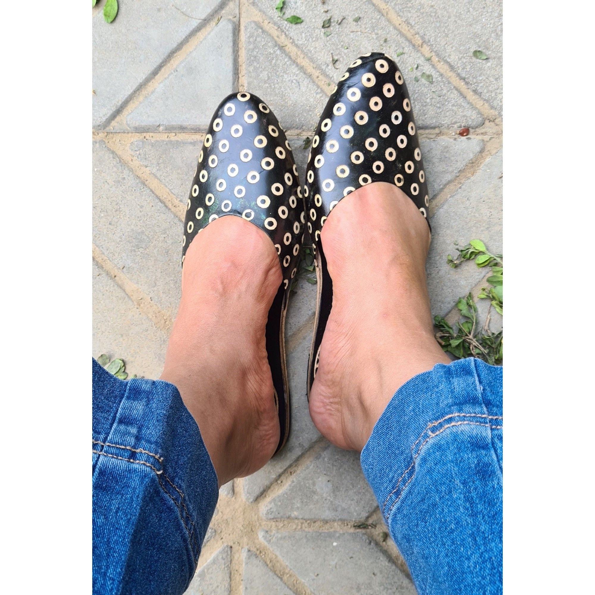 Women's Black Leather Flat Slip on Mules With Beige Polka Dots , Summer ...
