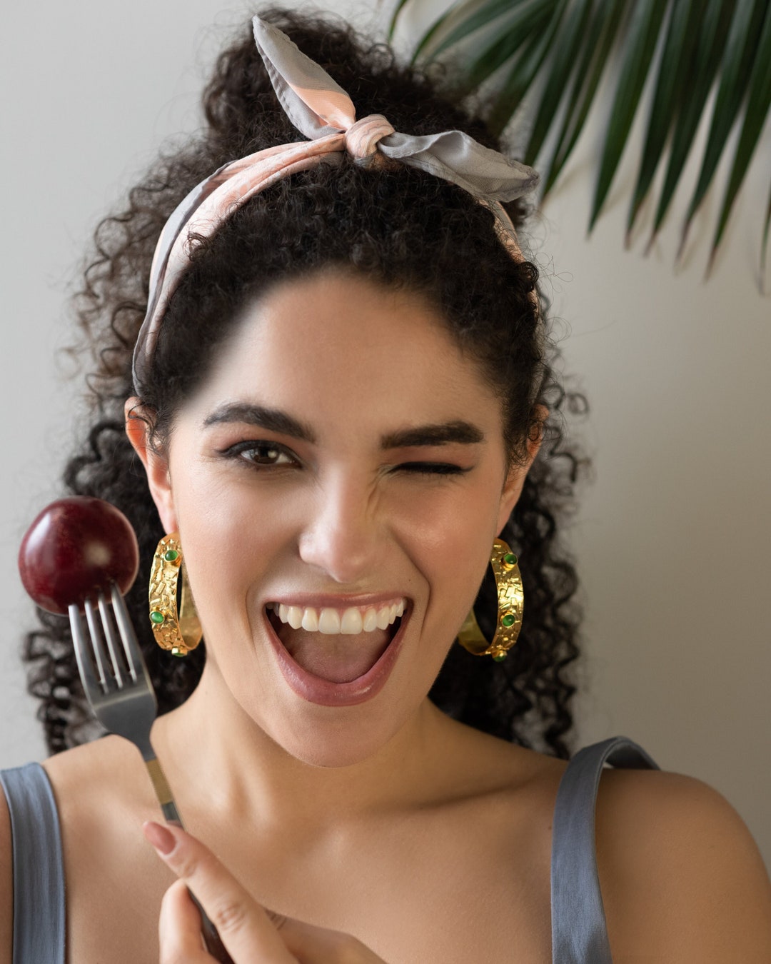 Green Stone Chunky Boho Gold Hoop Statement Earrings, Large Hoops ...