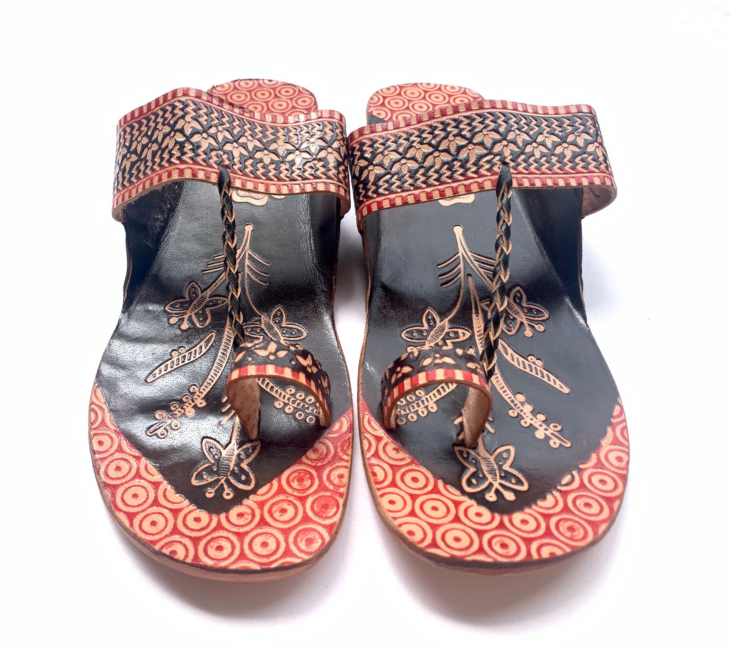 Women's Leather Sandals Black Red, Flat Sandals, Flip Flops, Slip Ons ...