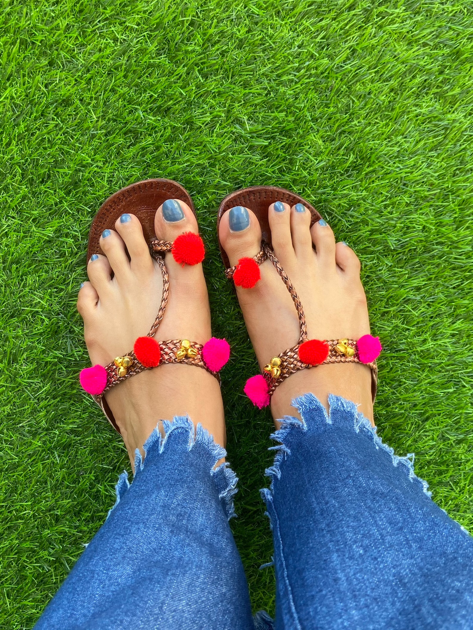 Boho Style Women's Leather Indian Sandals, Kolhapuri Pom Pom Balls T ...