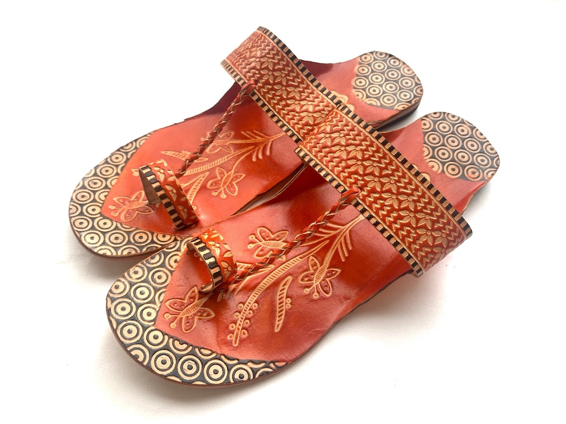 Rust Orange Leather Women's Flat Sandals, Flip Flops, Slip Ons, Summer ...