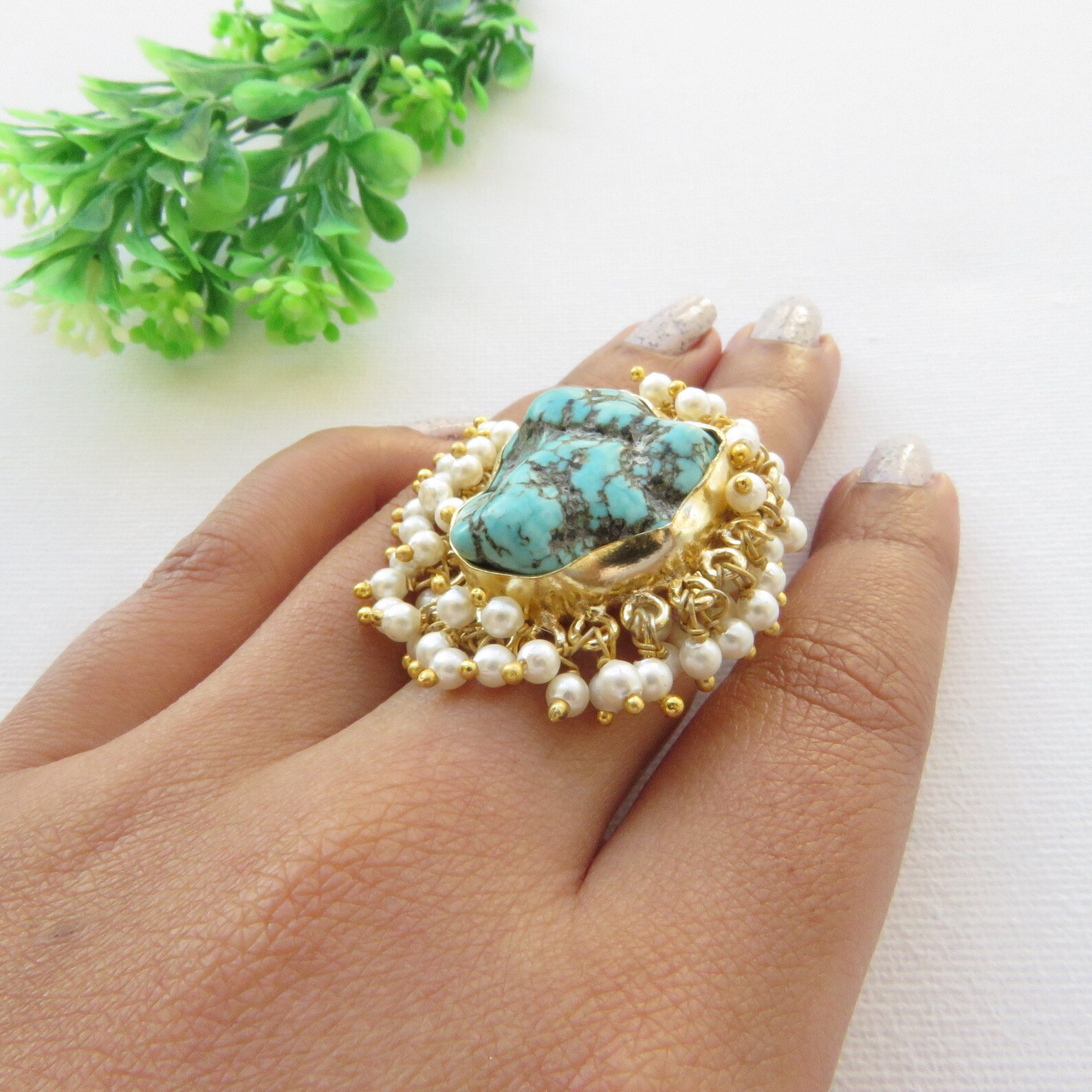 Raw Rough Blue Turquoise Statement Ring for Women, Gemstone Ring, Pearl Ring, Indian Ring ...