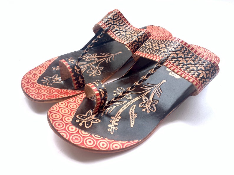 Women's Leather Sandals Black Red Flat Sandals Flip - Etsy