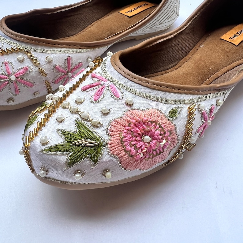 Pink Floral White Bridal Ballet Flat Shoes, Beadwork Wedding Shoes ...