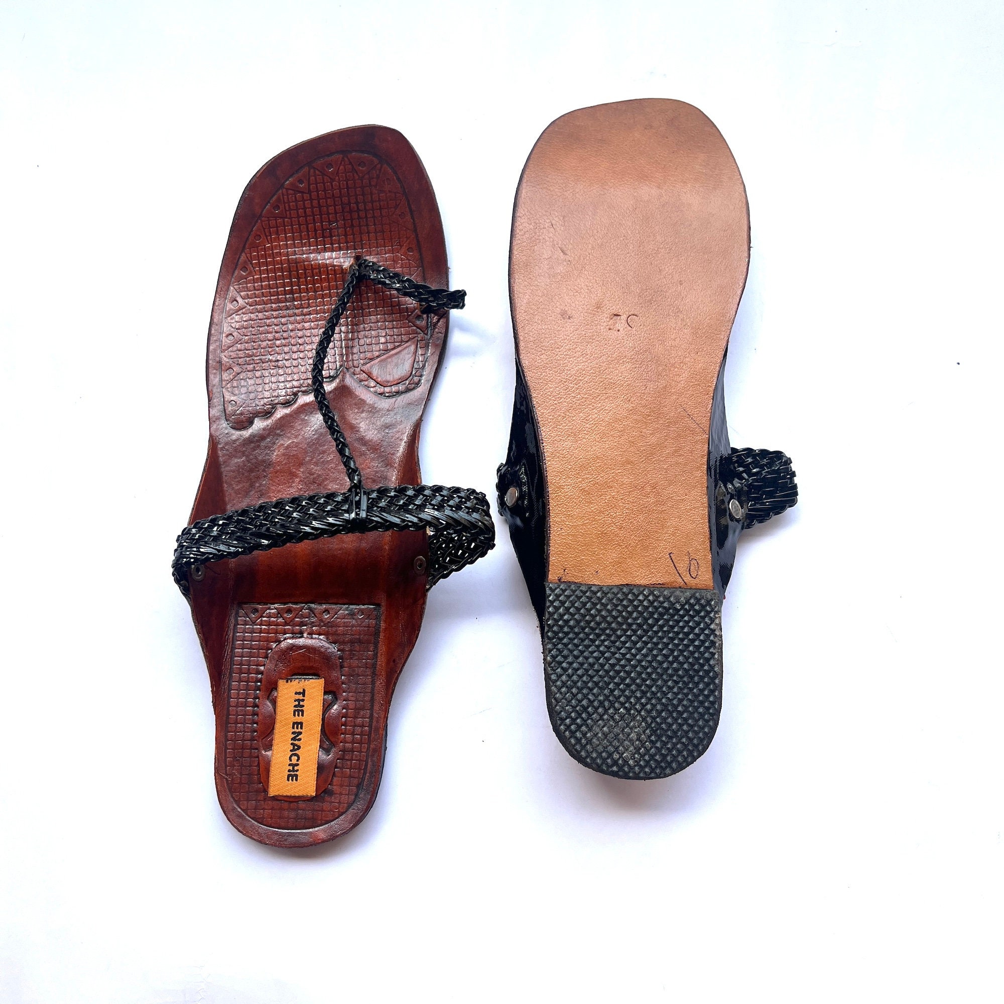 Black T Strap Kolhapuri Sandals, Leather Boho Style Flat Slip Ons Flip ...