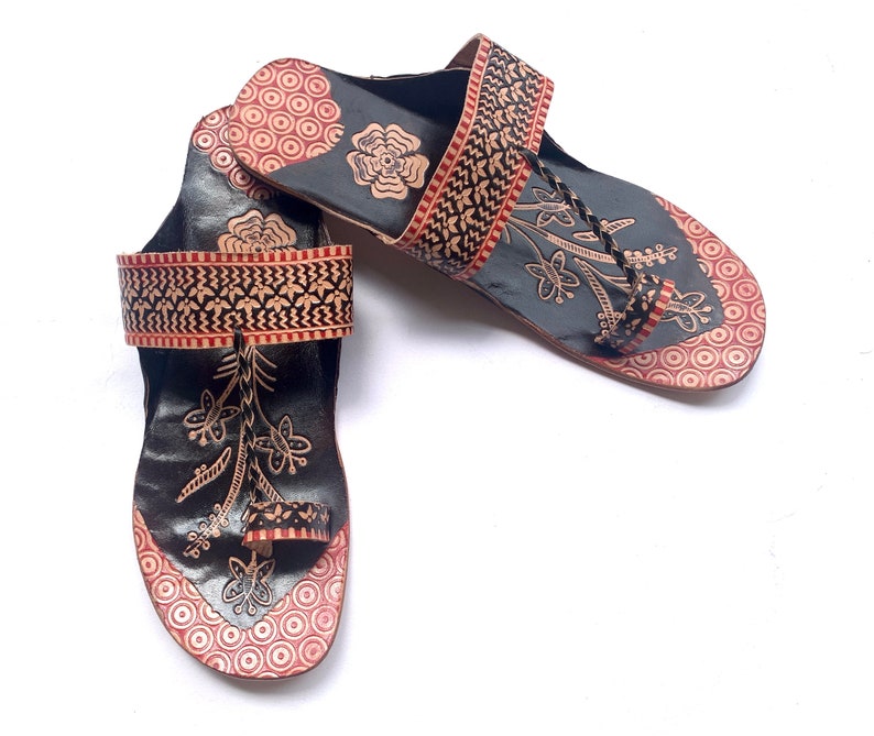 Women's Leather Sandals Black Red Flat Sandals Flip - Etsy