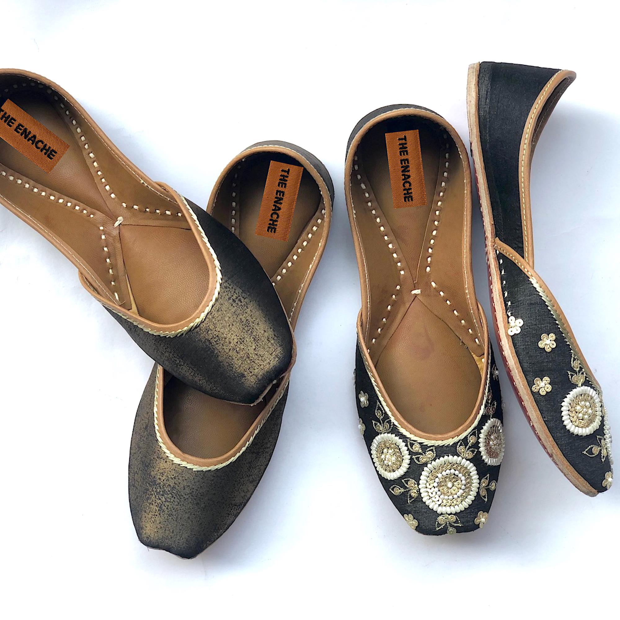 Black & Gold Floral Ballet Flats for Women, Handmade Leather Slip on ...