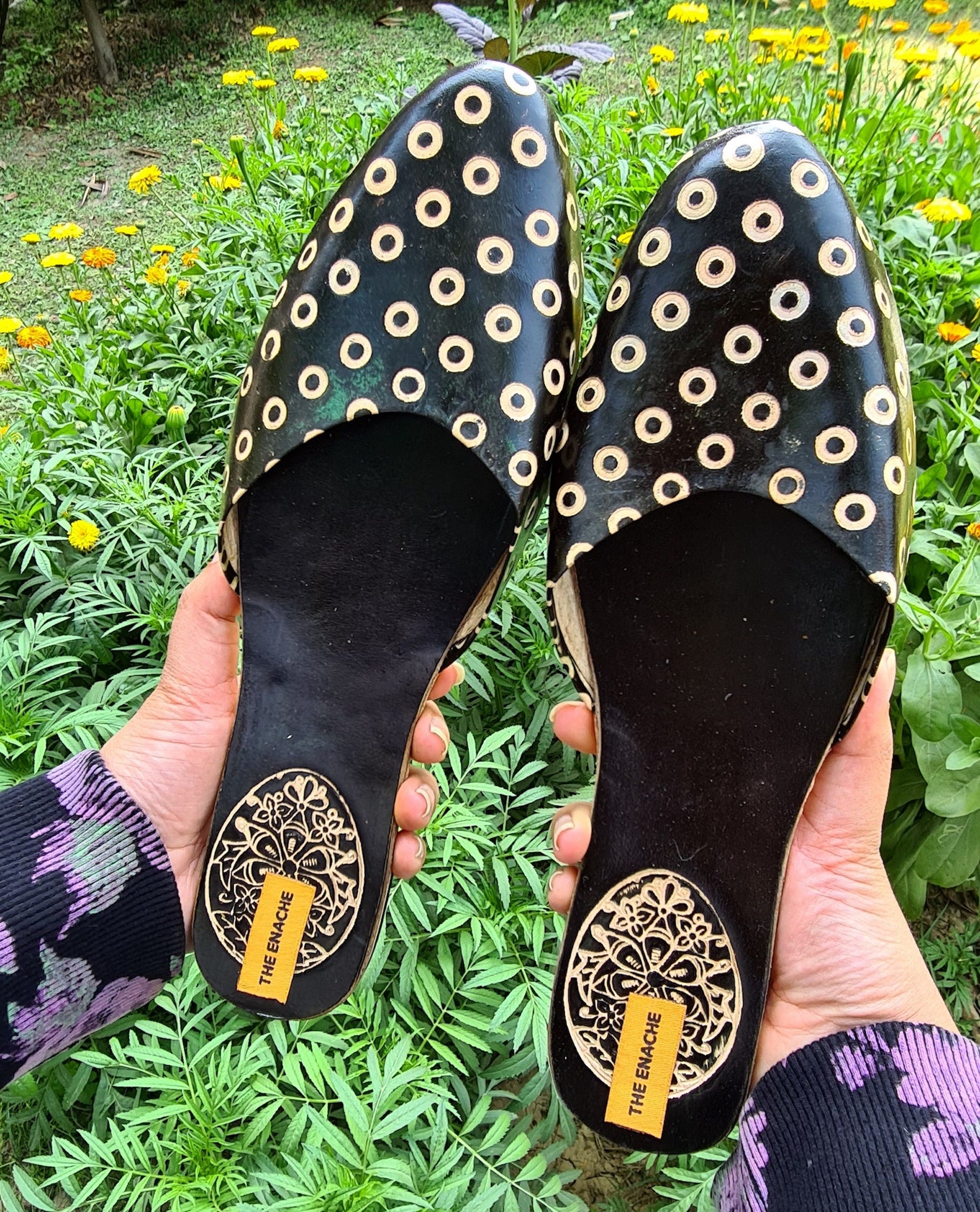 Women's Black Leather Flat Slip on Mules With Beige Polka Dots , Summer ...
