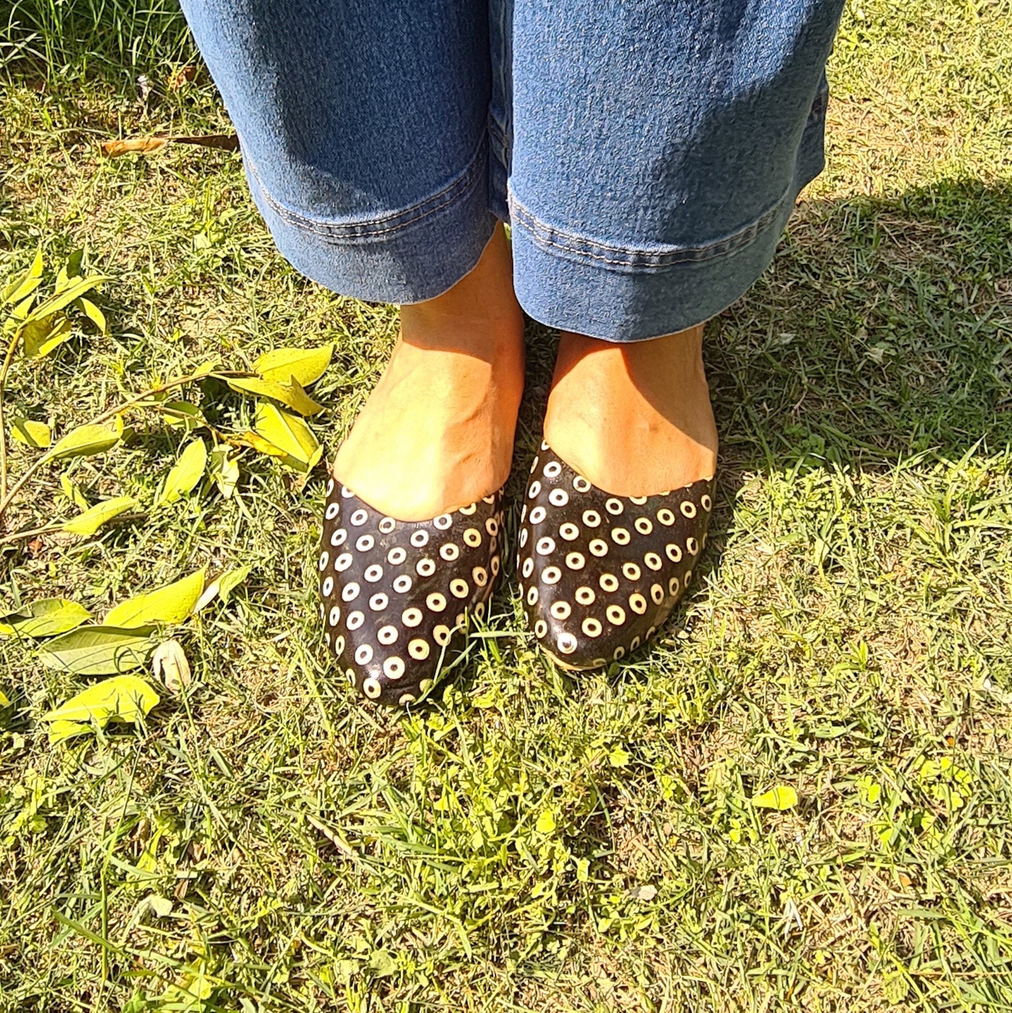 Women's Black Leather Flat Slip on Mules With Beige Polka Dots , Summer ...