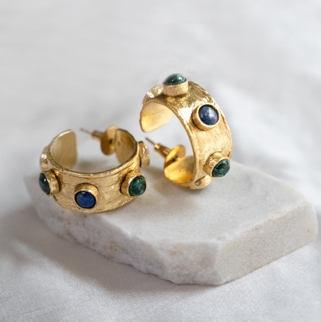 Green Malachite and Blue Lapis Lazuli Small Gold Hoop Chunky Statement ...