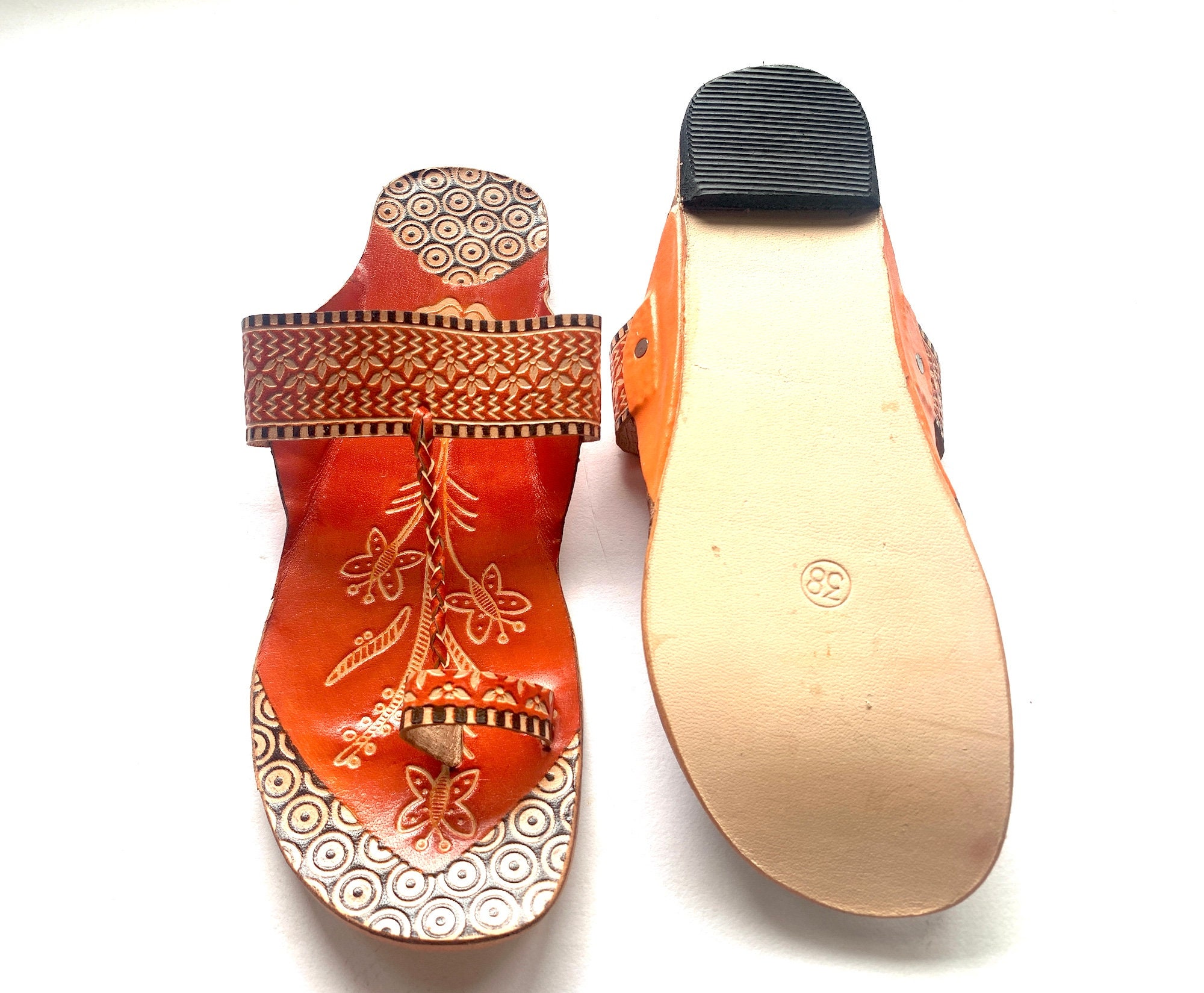 Rust Orange Leather Women's Flat Sandals, Flip Flops, Slip Ons, Summer ...