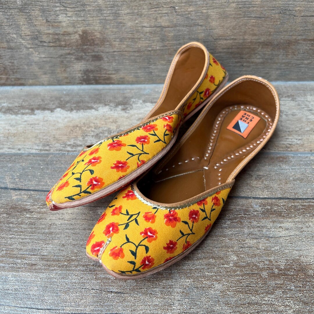 Yellow Red Floral Ballet Flats | Handmade Indian Mojaris | Boho Summer ...